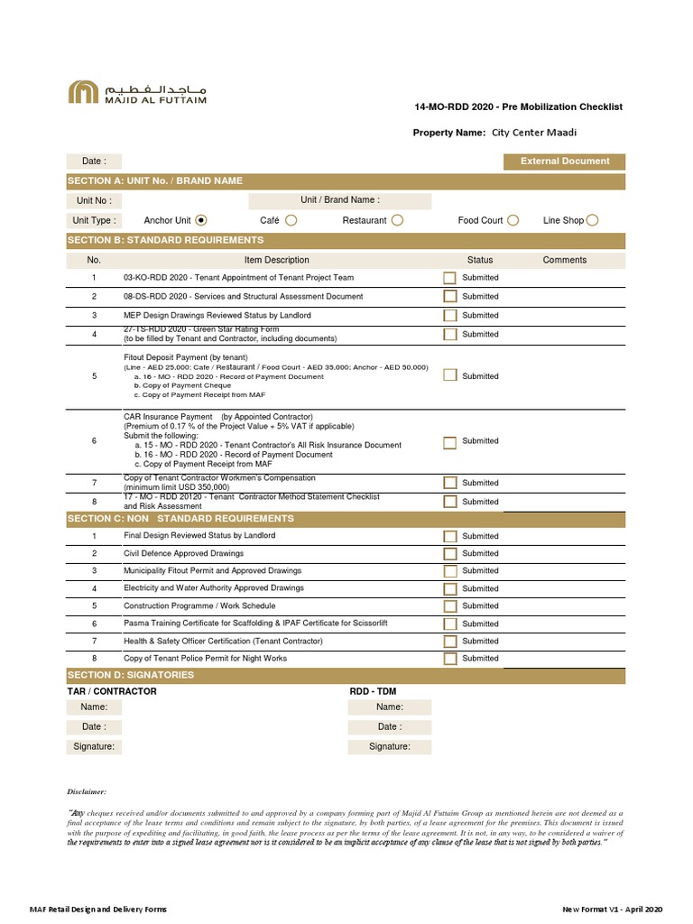 14.MO - RDD - Pre-Mobilisation Checklist | PDF | Payments | Insurance