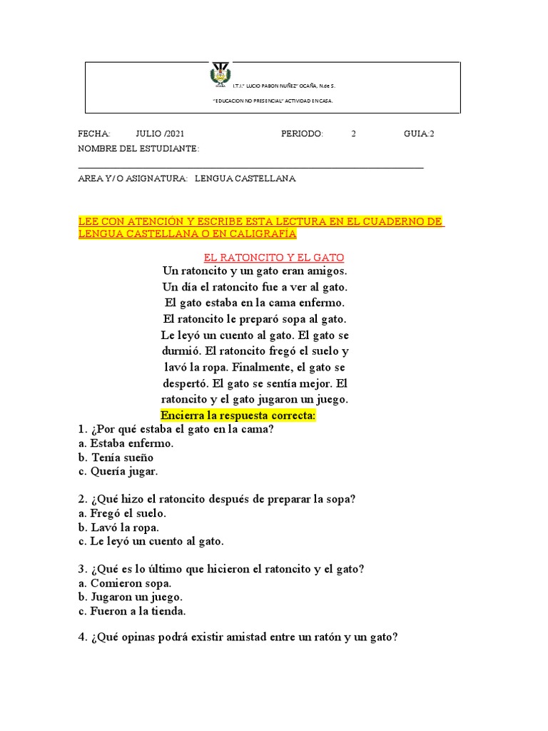 Comprension Lect, El Ratoncito y El Gato | PDF | Estudios de idiomas ...