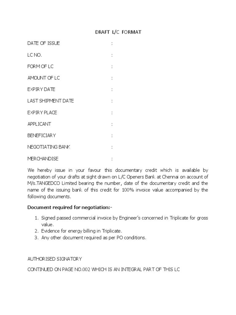 Draft L/C Format: Document Required For Negotiation | PDF | Letter Of ...