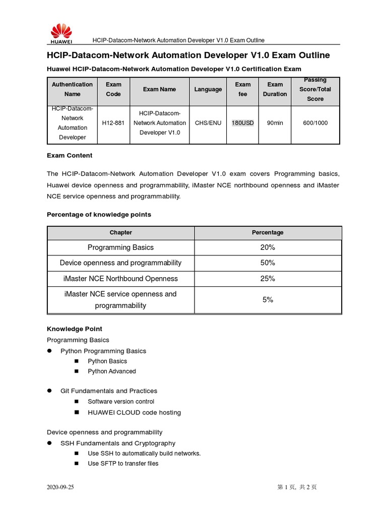 HCIP-Datacom-Network Automation Developer V1.0 Exam Outline | PDF ...