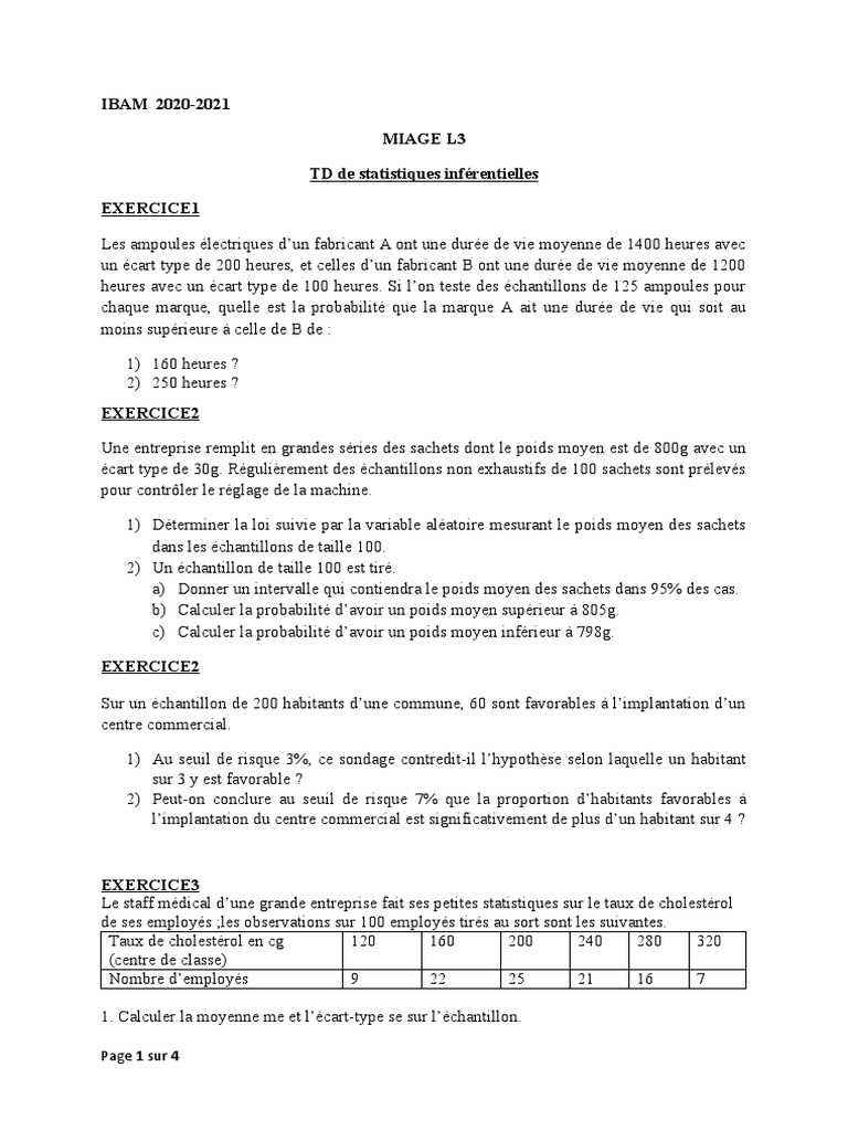 Statistiques inférentielles : exercices pratiques | PDF | Écart type ...