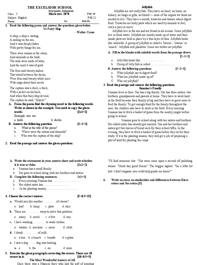 The Excelsior School: Read The Following Poem and Answer The Questions ...