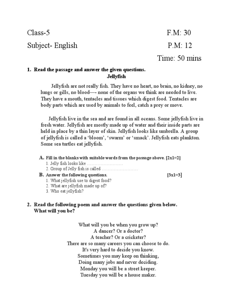 Jellyfish, Poems, Families, Questions, Paragraph - Class 5 English ...