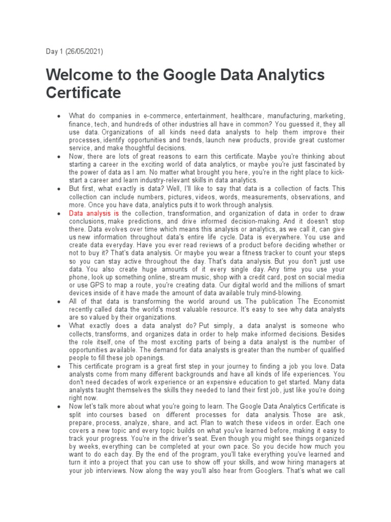 Part 1 (Welcome To Google Data Analytics) | PDF | Data Analysis | Analytics