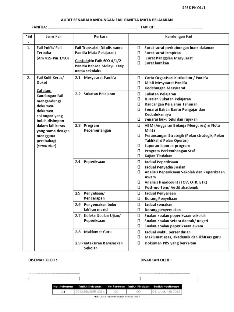 Borang Audit Kandungan Fail Panitia PK01-1 | PDF