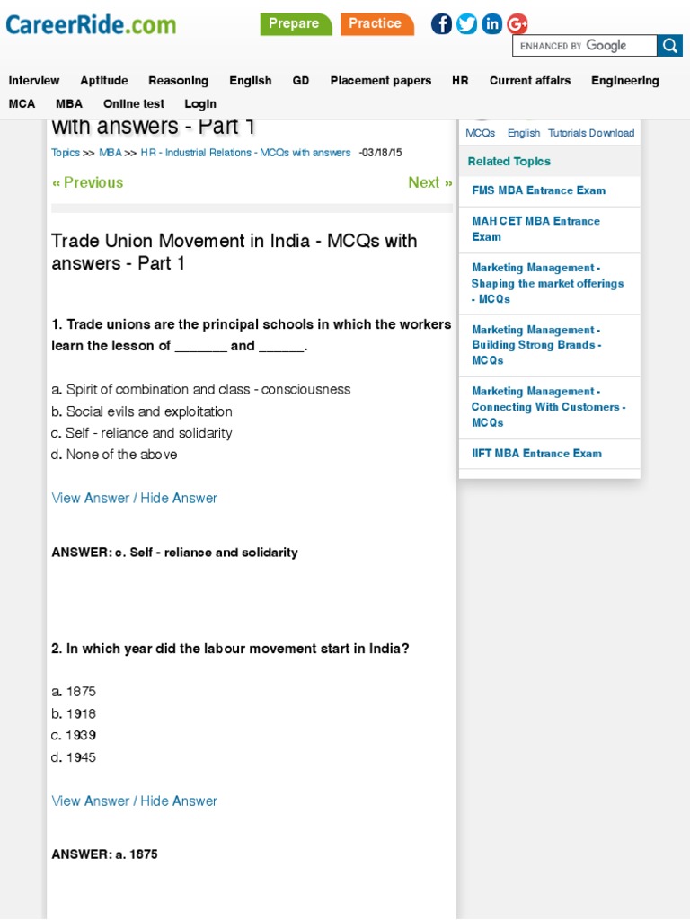 Trade Union Movement in India - MCQs With Answers - Part 1 | PDF | Test ...