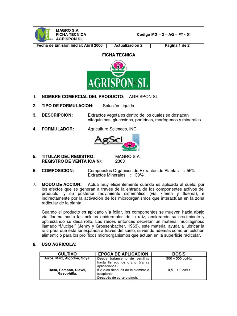 Ficha Técnica de Agrispon SL | PDF | Raíz | Plantas