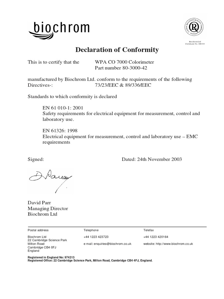 Declaration of Conformity | PDF | Absorbance | Optical Filter