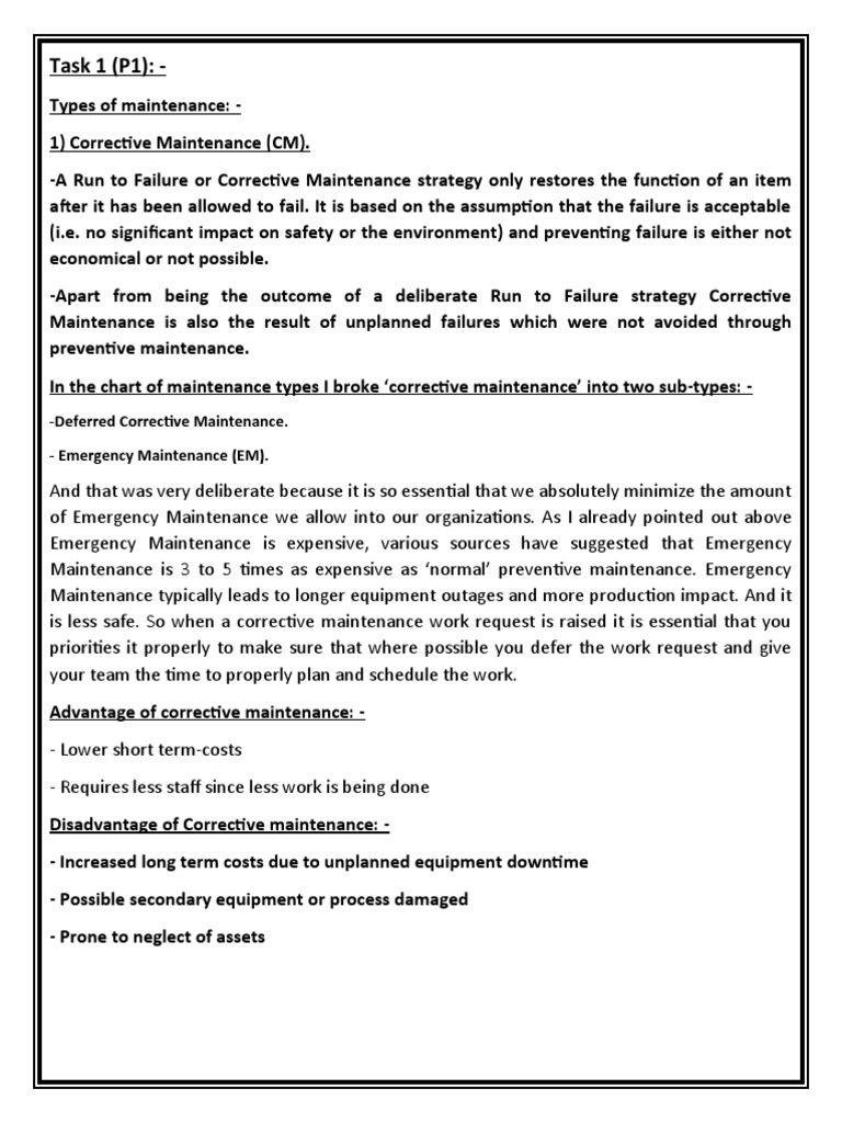 Task 1 (P1) : - : - Deferred Corrective Maintenance. - Emergency ...