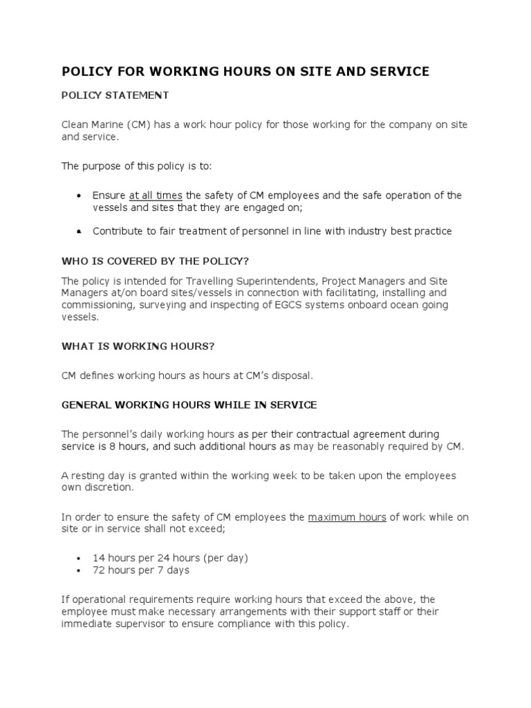 Workhour Policy Clean Marine Site and Service 20190617 | PDF | Business