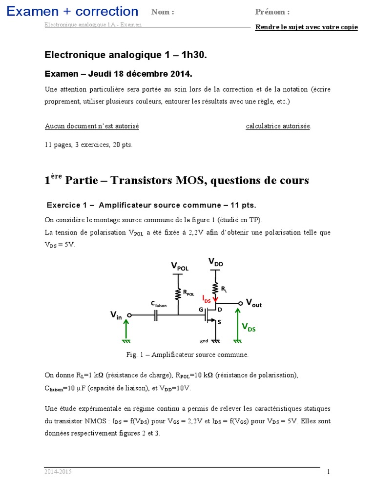 Correction Examen Analog1a 2014 2015 | PDF | Amplificateur électronique | Amplificateur opérationnel
