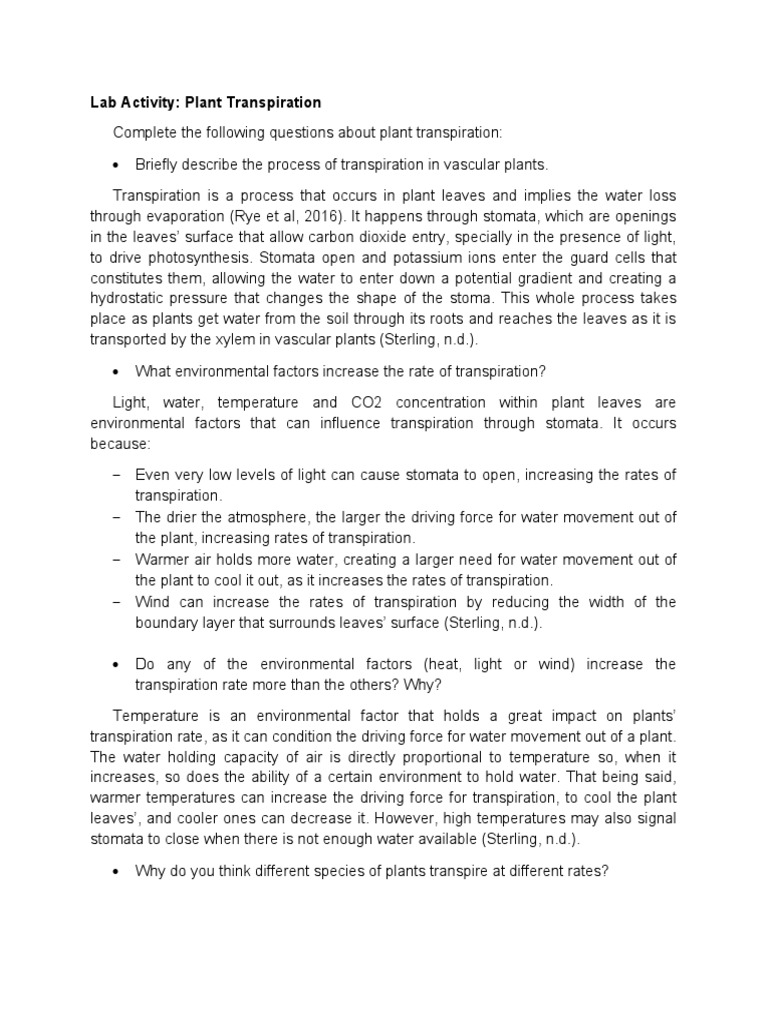 Lab Activity: Plant Transpiration | PDF | Stoma | Leaf