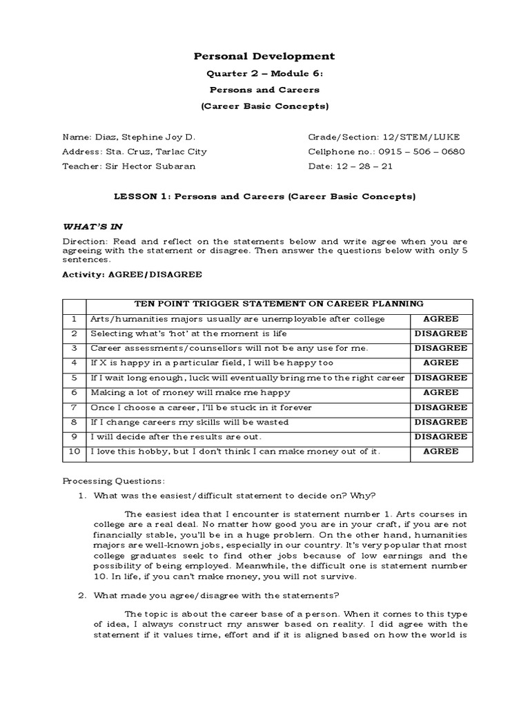 Personal Development: Quarter 2 - Module 6: Persons and Careers (Career ...