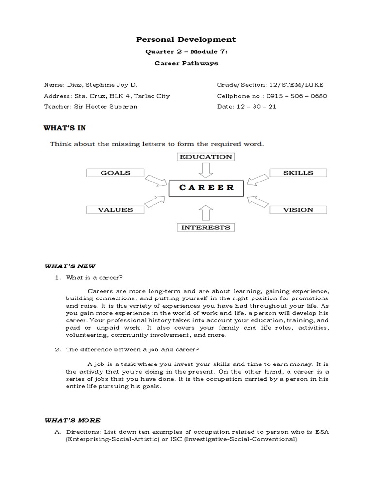 Personal Development: Quarter 2 - Module 7: Career Pathways | PDF ...