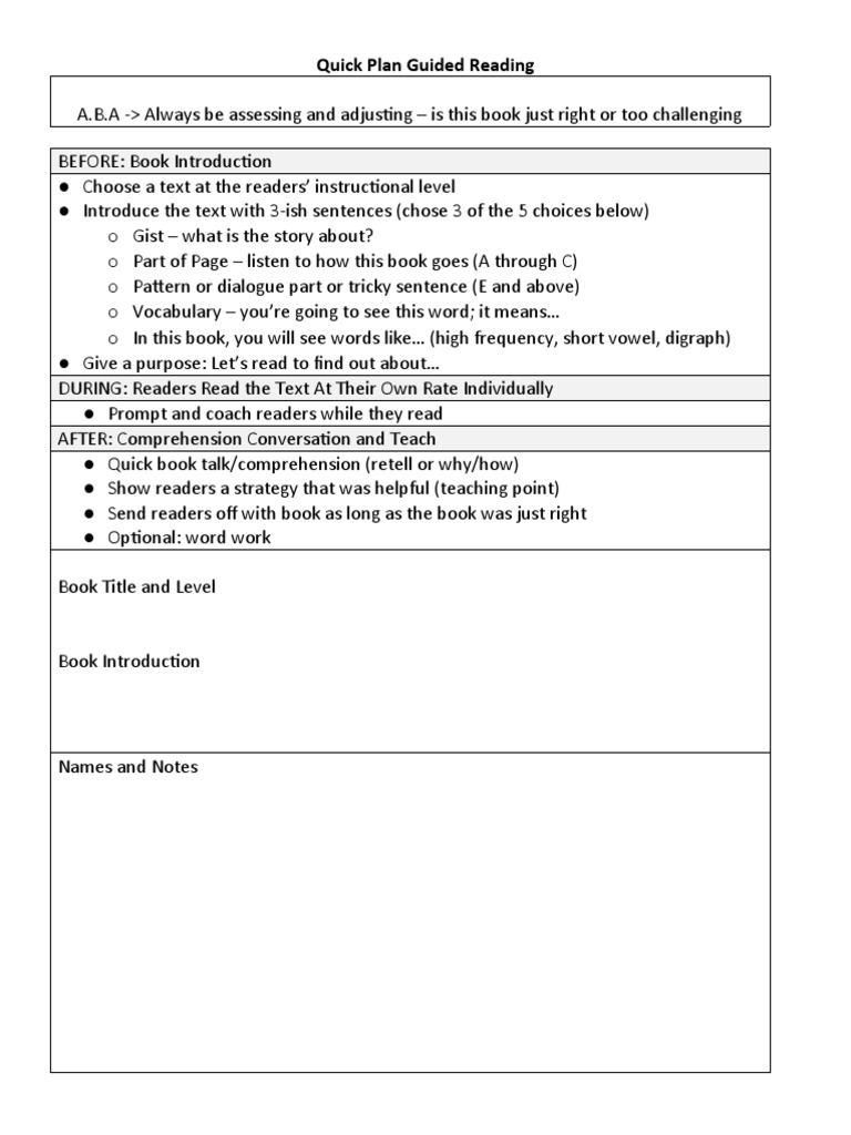Quick Plan Guided Reading | PDF | Language Arts & Discipline