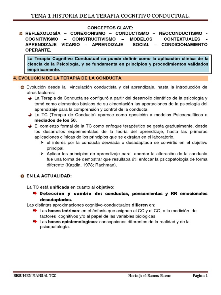 Tema 1. Resumen TICC UNED. María J.Ramos | PDF | Terapia de conducta cognitiva | Psicoterapia