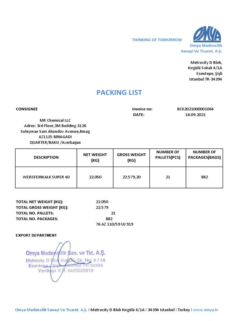 Packing List for Export Shipment | PDF