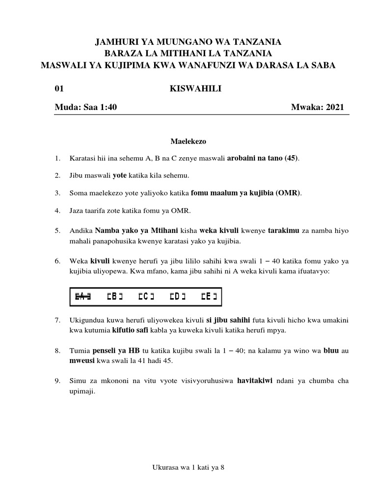 01 Kiswahili Mfano | PDF