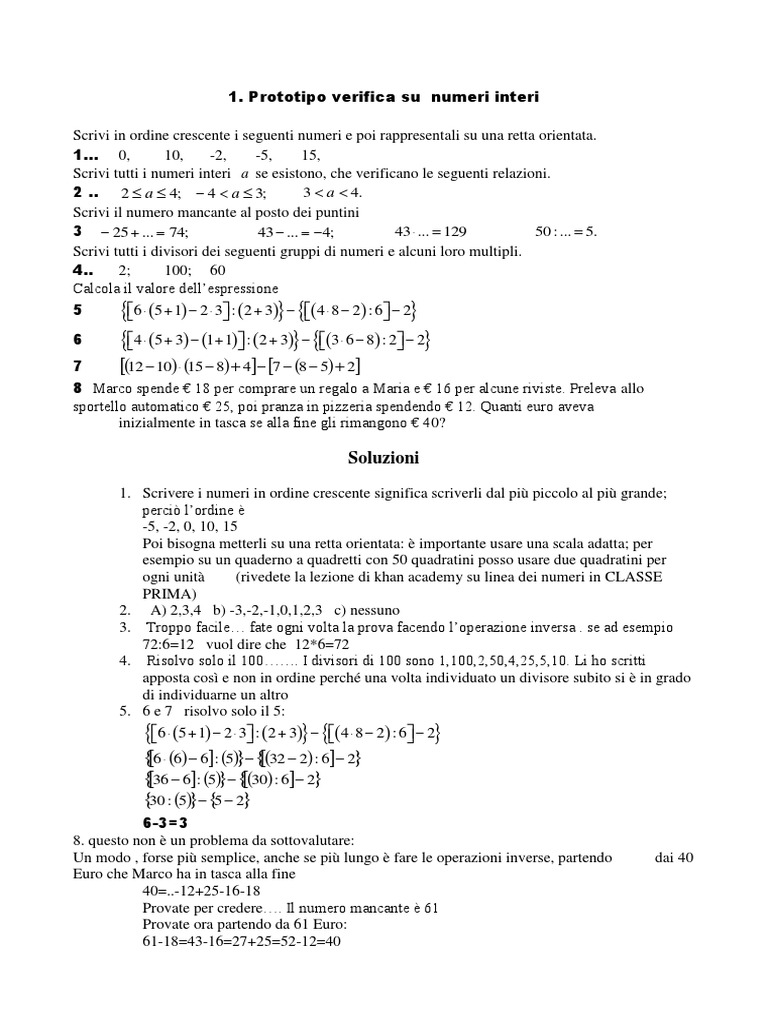 Verifica Matematica Numeri Interi | PDF