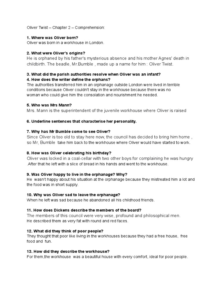Oliver Twist - Chapter 2 - Comprehension | PDF | Oliver Twist