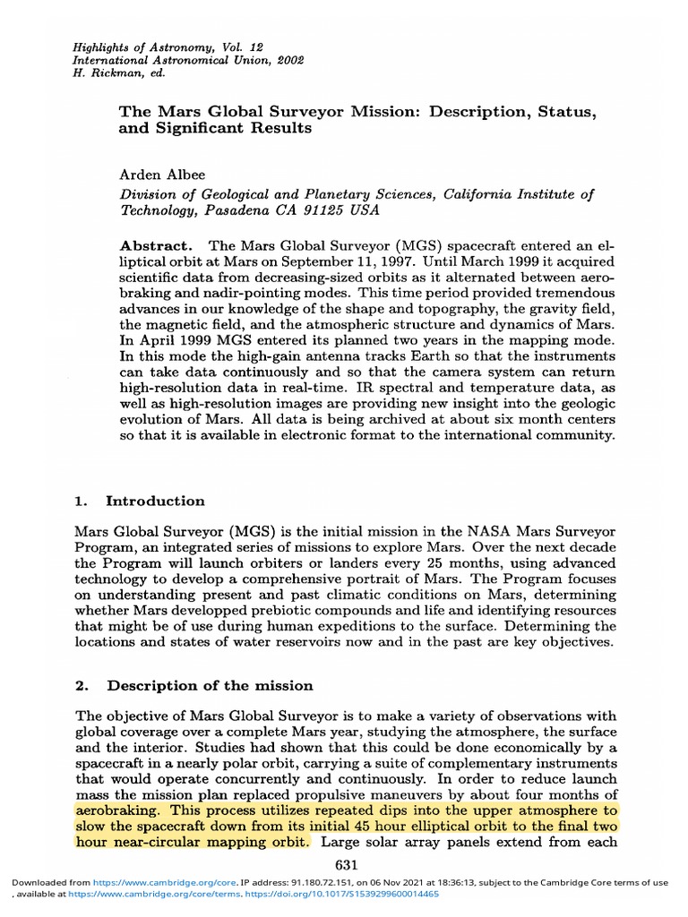 MGS Description, Status and Results | PDF | Mars | Planetary Science