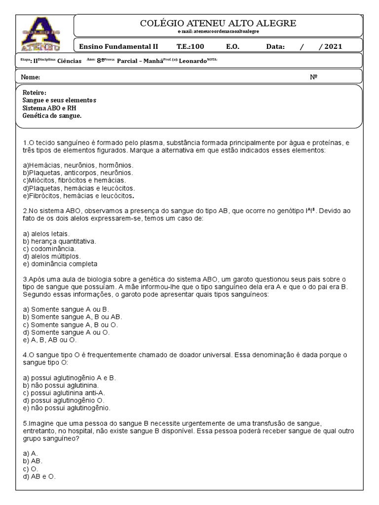 8 Ano Prova Parcial 2 Bimestre | PDF | Hemácia | Sangue