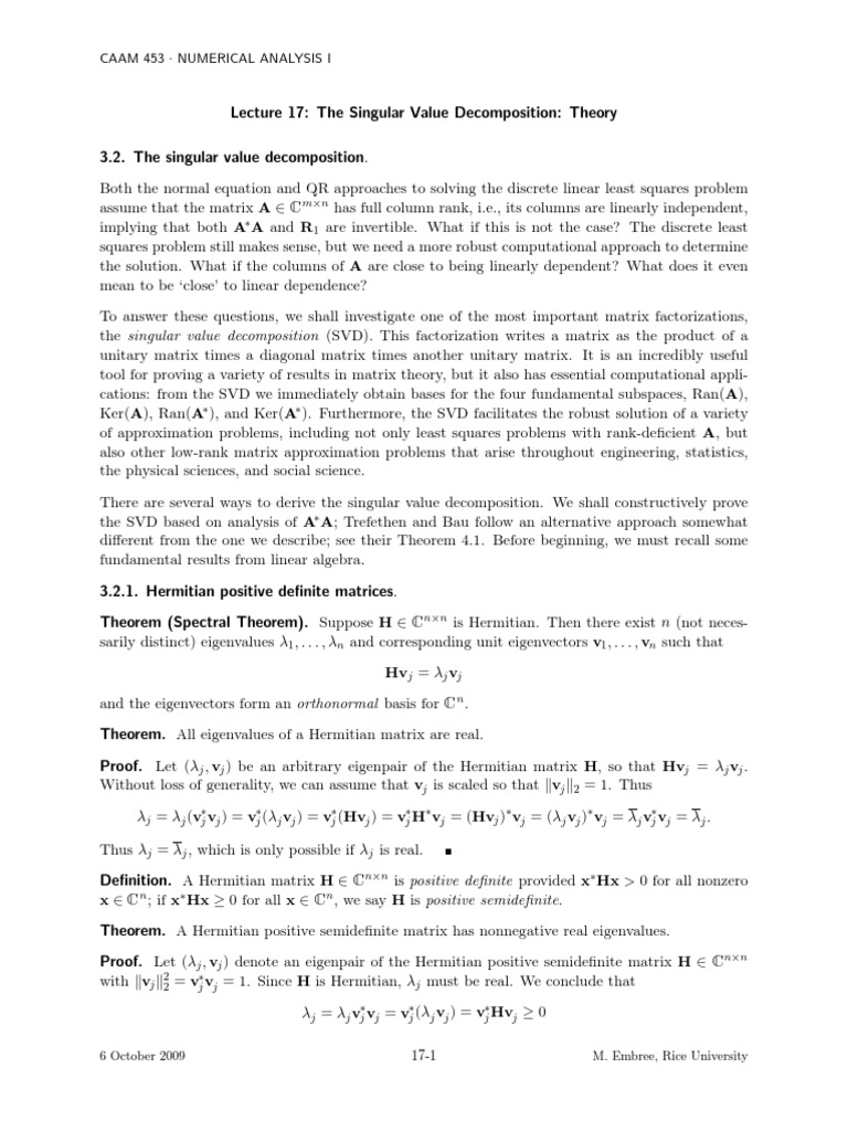 Caam 453 Numerical Analysis I: 6 October 2009 M. Embree, Rice University | PDF | Eigenvalues And ...