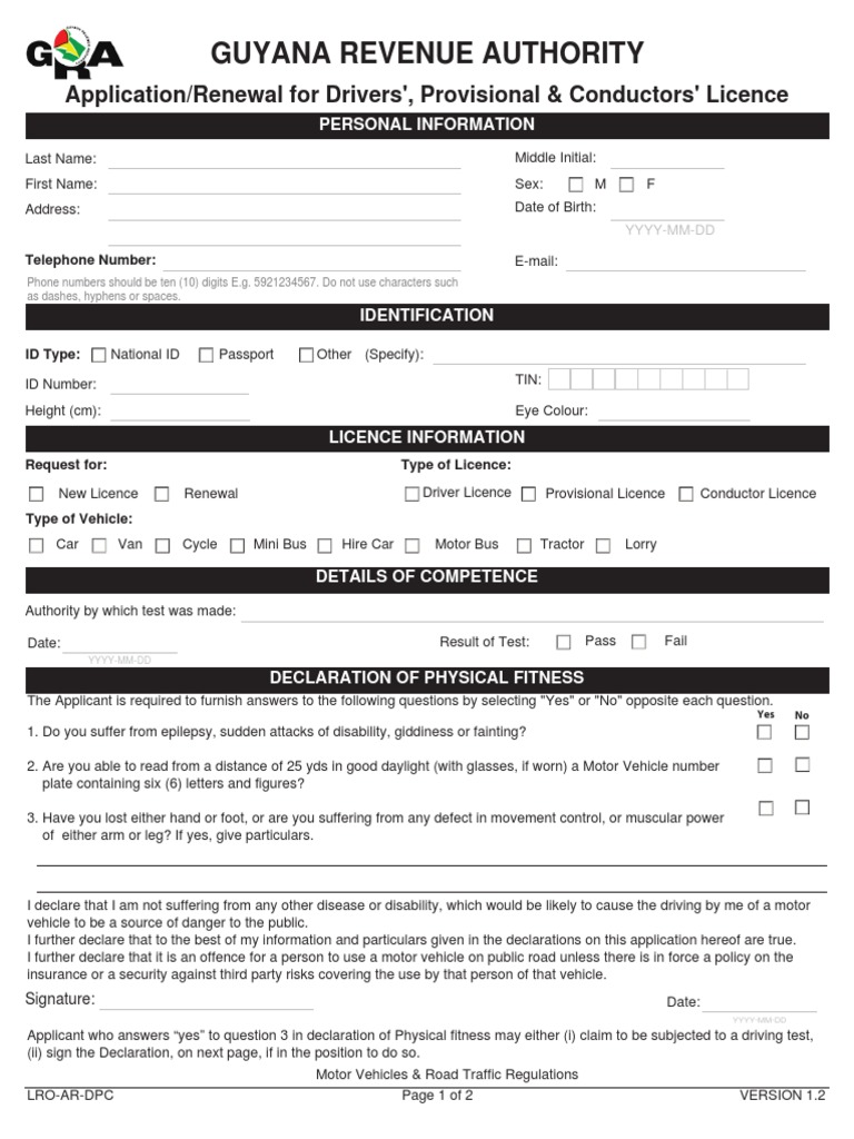 Guyana Driver License Application Form | PDF | Driver's License | Transport