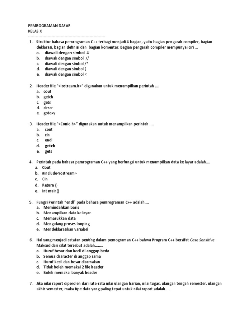 Soal UAS Pemrograman Dasar Kls X | PDF