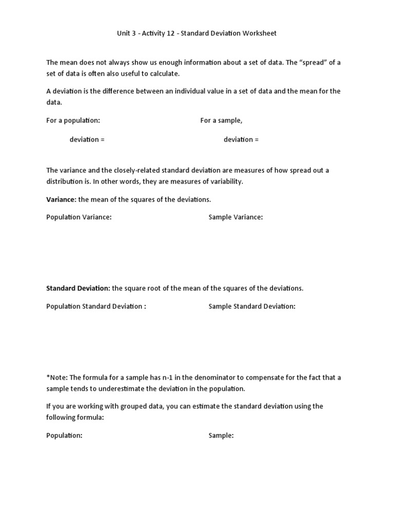 Unit 3 - Activity 12 - Standard Deviation Worksheet | PDF