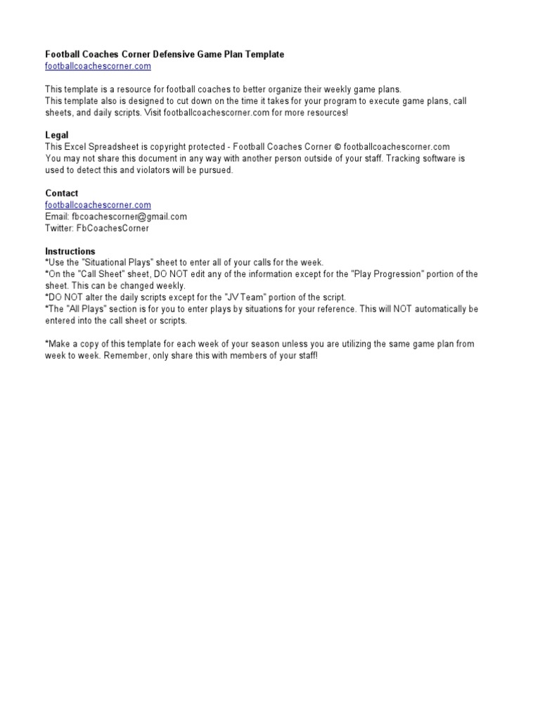Football Coaches Corner Defensive Game Plan Template | PDF ...