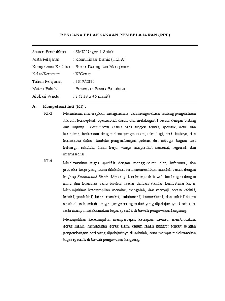 RPP 3.3 Presentasi Bisnis 2019-2020 Tefa | PDF
