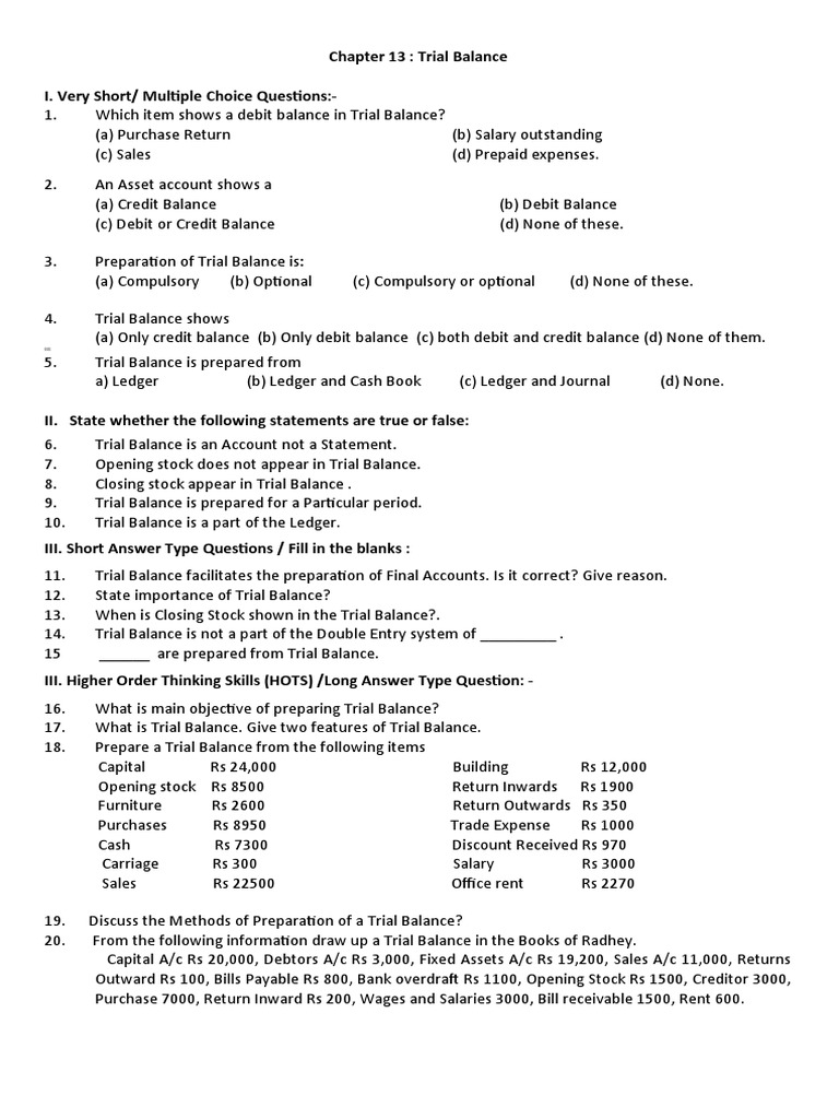 Class 11 Trial Balance Questions Guide | PDF | Debits And Credits | Money
