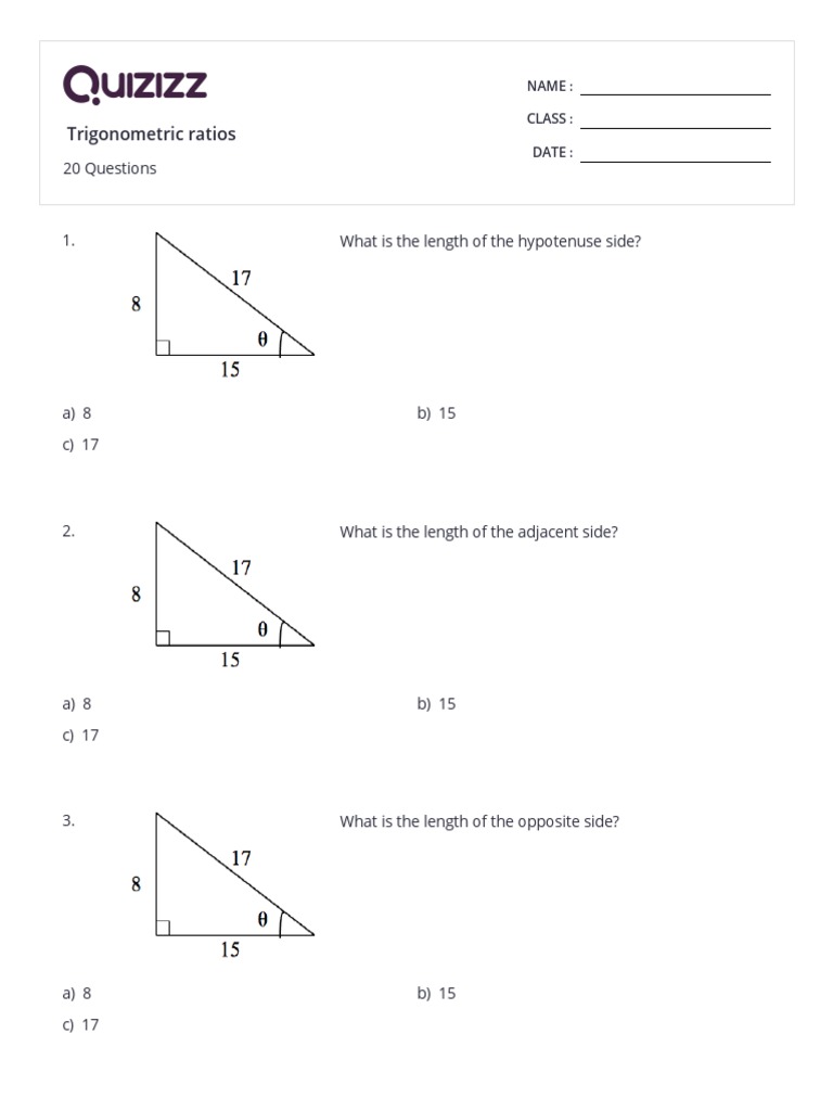 Trigonometric Ratios Quiz 20 Q&A | PDF | Trigonometric Functions | Triangle