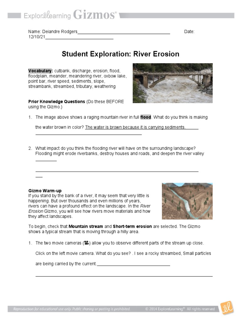 Student Exploration: River Erosion: Vocabulary: Cutbank, Discharge ...