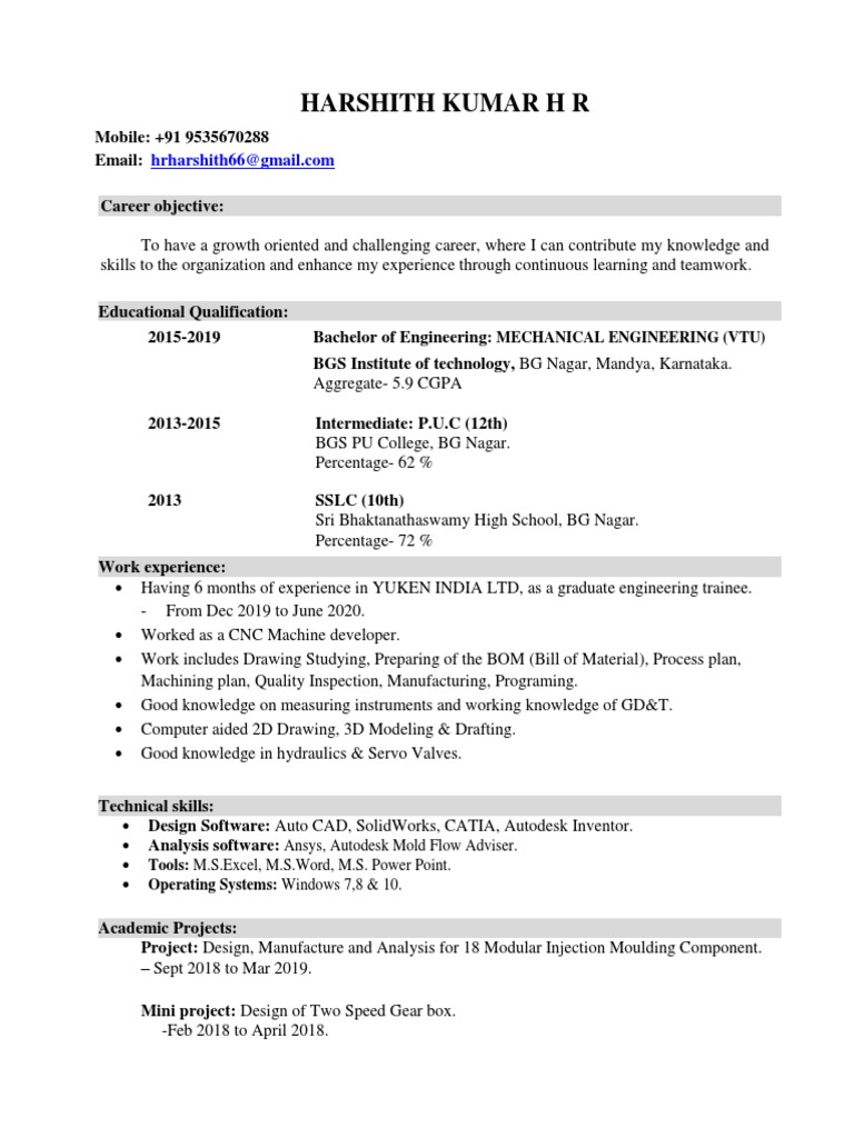 Harshith Kumar H R:: Mechanical Engineering (Vtu) | PDF | Engineering