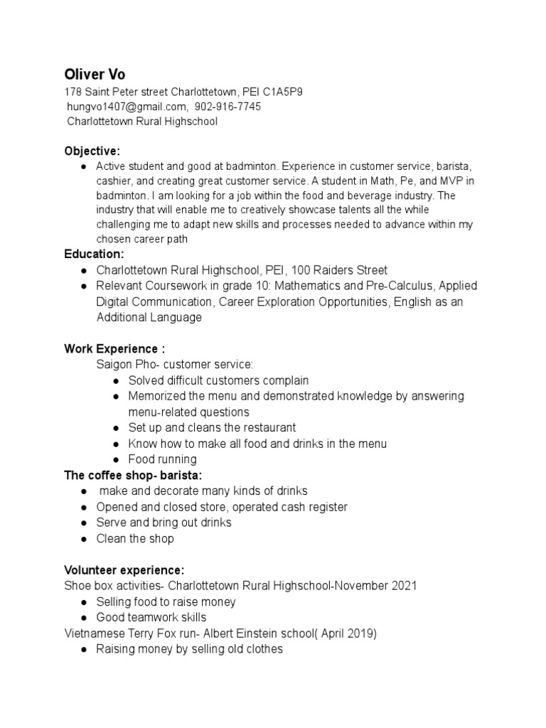 Oliver Vo - Assignment - Resumes | PDF | Career & Growth | Cooking, Food & Wine