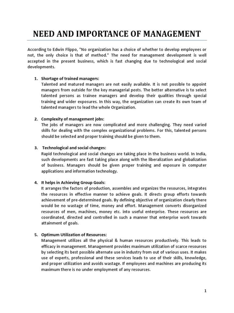 Need and Importance of Management | PDF | Employment | Resource