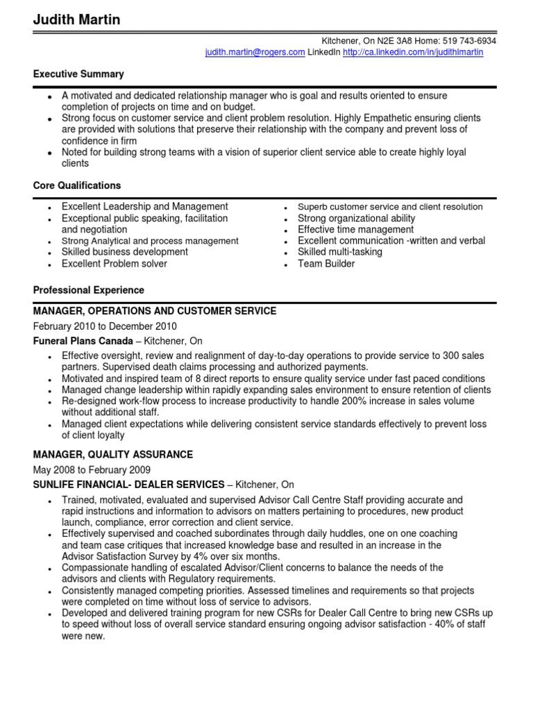 Customer Service Manager in Kitchener Waterloo Ontario Canada Resume ...
