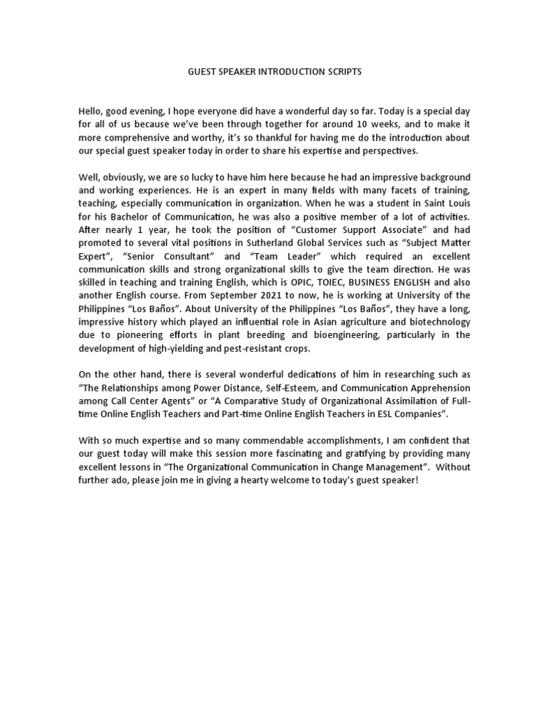 Guest Speaker Introduction Scripts | PDF