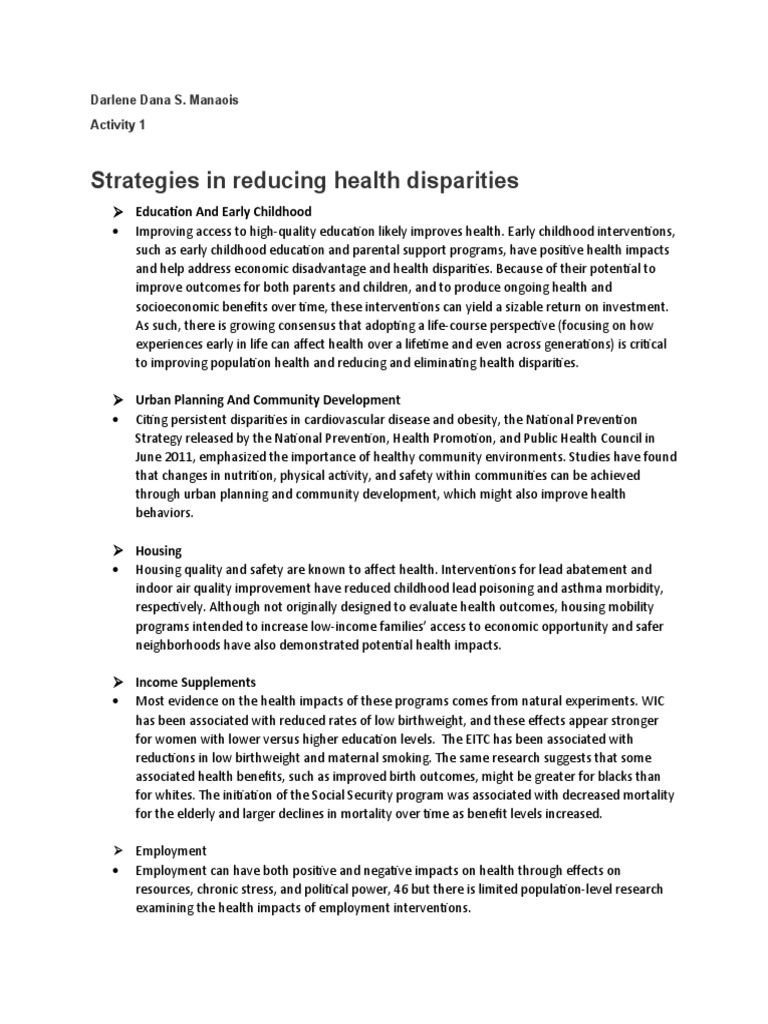 Strategies in Reducing Health Disparities | PDF | Health Equity | Early ...