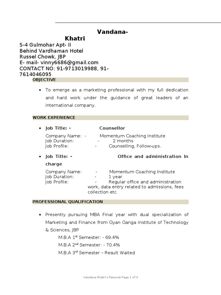 Vandana Resume 2003 Marketing | PDF | Master Of Business Administration ...