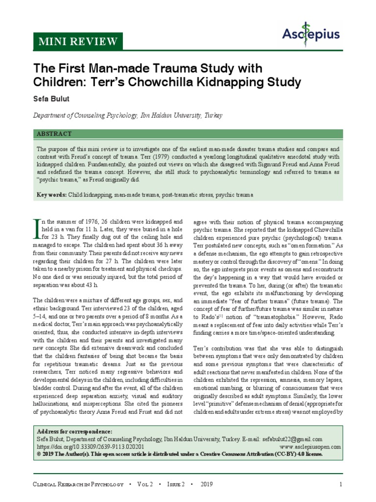 The First Man-Made Trauma Study With Children: Terr's Chowchilla ...