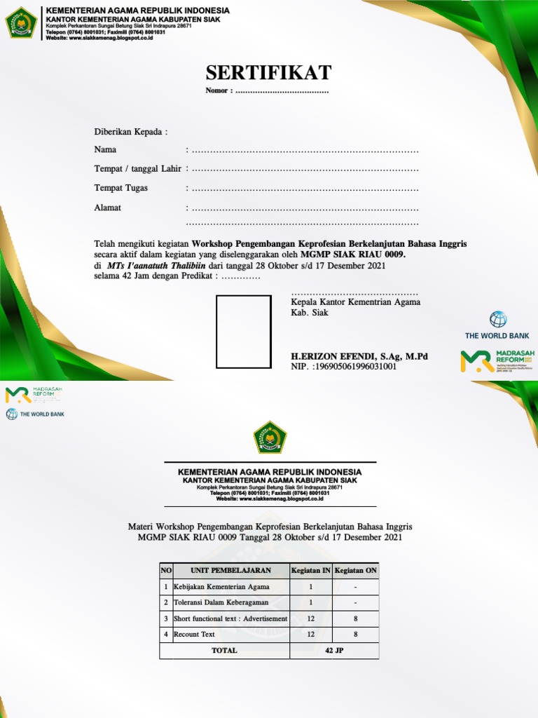 Sertifikat Workshop MGMP PAI 2021 | PDF