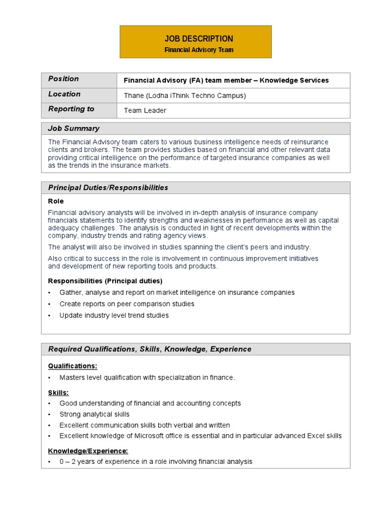 FA Role - Job Description | PDF