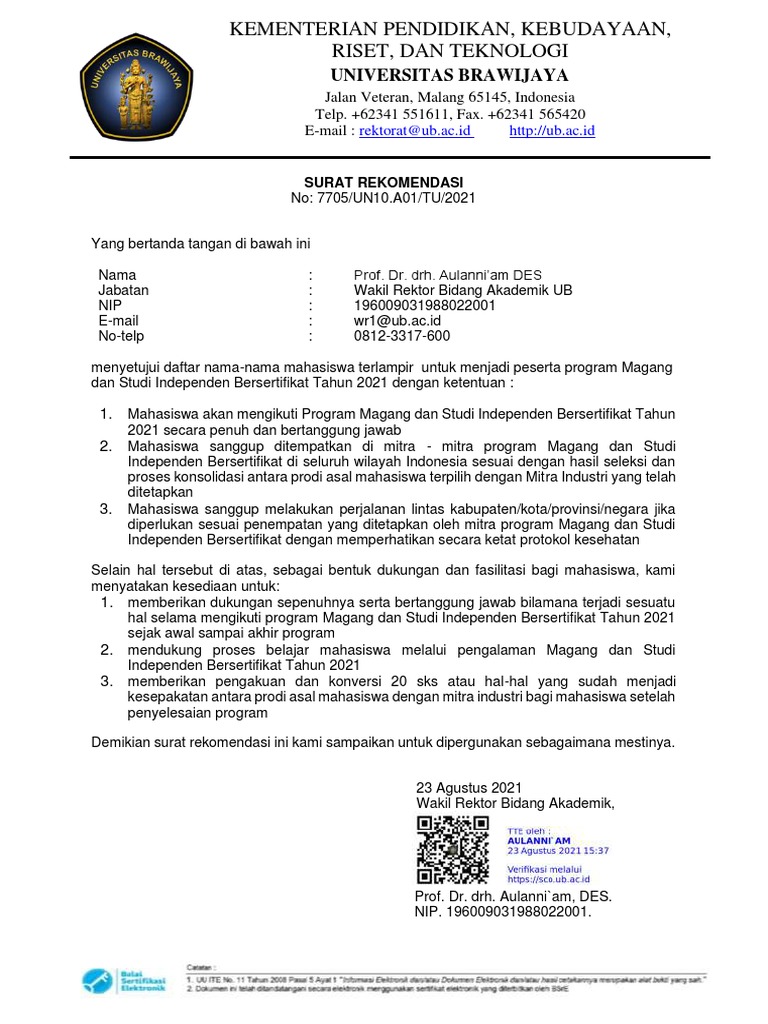 Final Surat Rekomendasi MSIB UB | PDF