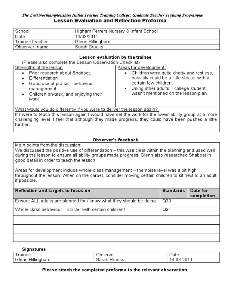 Lesson Evaluation for Trainee Teacher | PDF