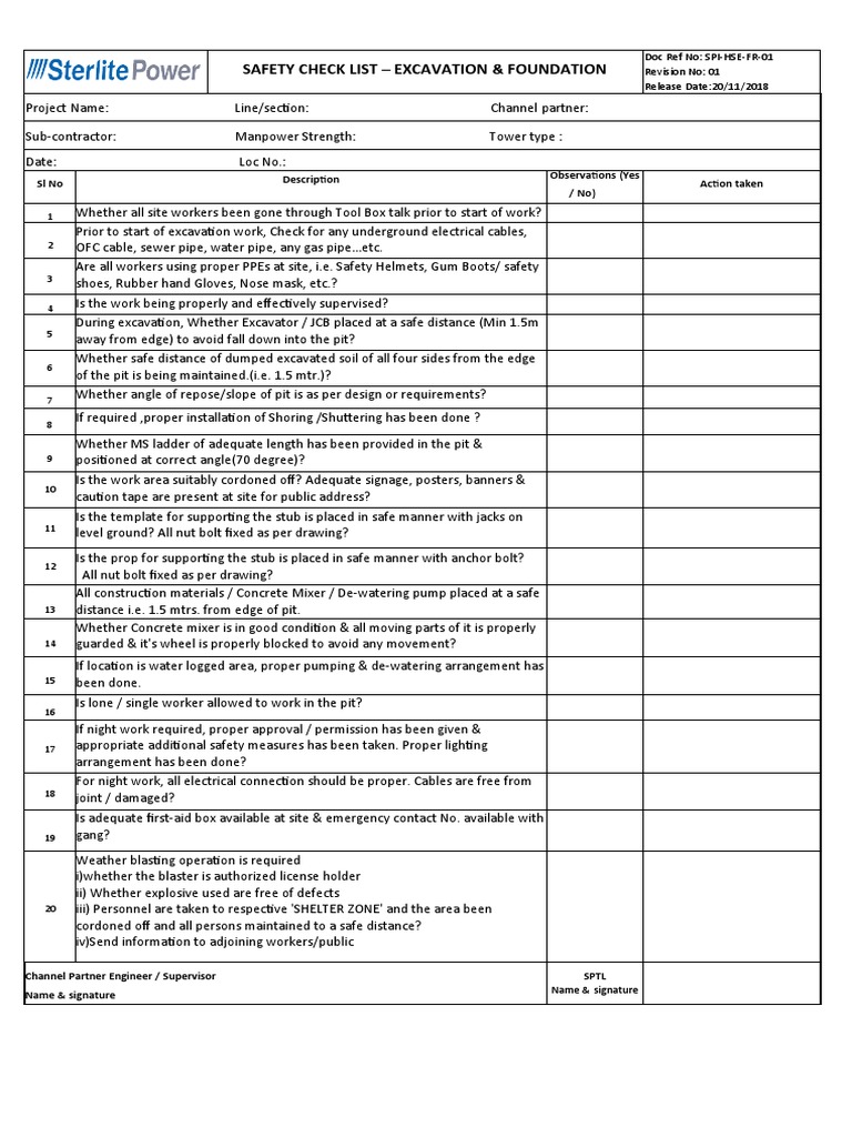 SPI HSE FR 01 Foundation Checklist | Download Free PDF | Civil Engineering