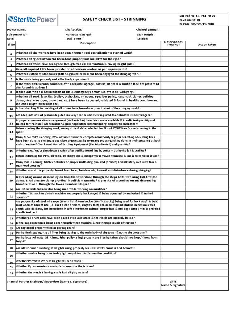 SPI HSE FR 03 Stringing Checklist | PDF | High Voltage | Manufactured Goods