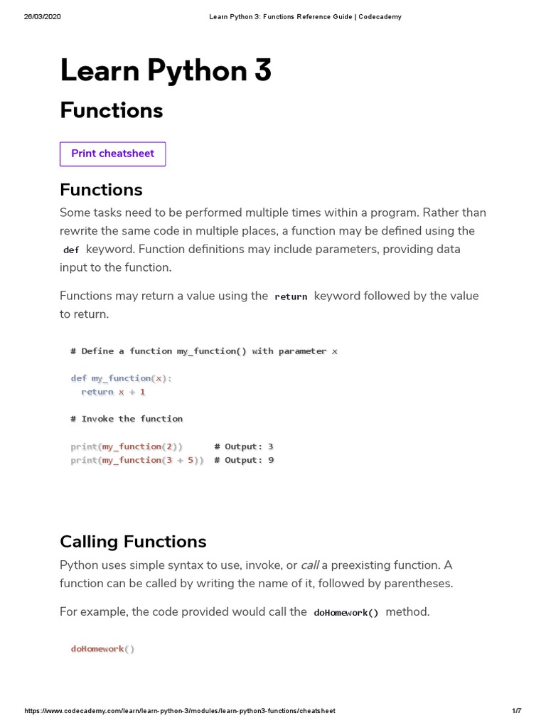 Learn Python 3 - Functions Reference Guide - Codecademy | Download Free ...